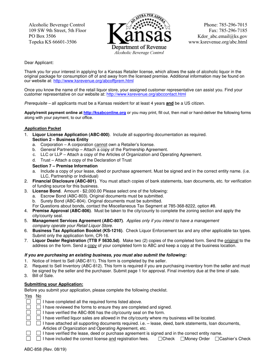 Form ABC-858 - Fill Out, Sign Online and Download Fillable PDF, Kansas ...