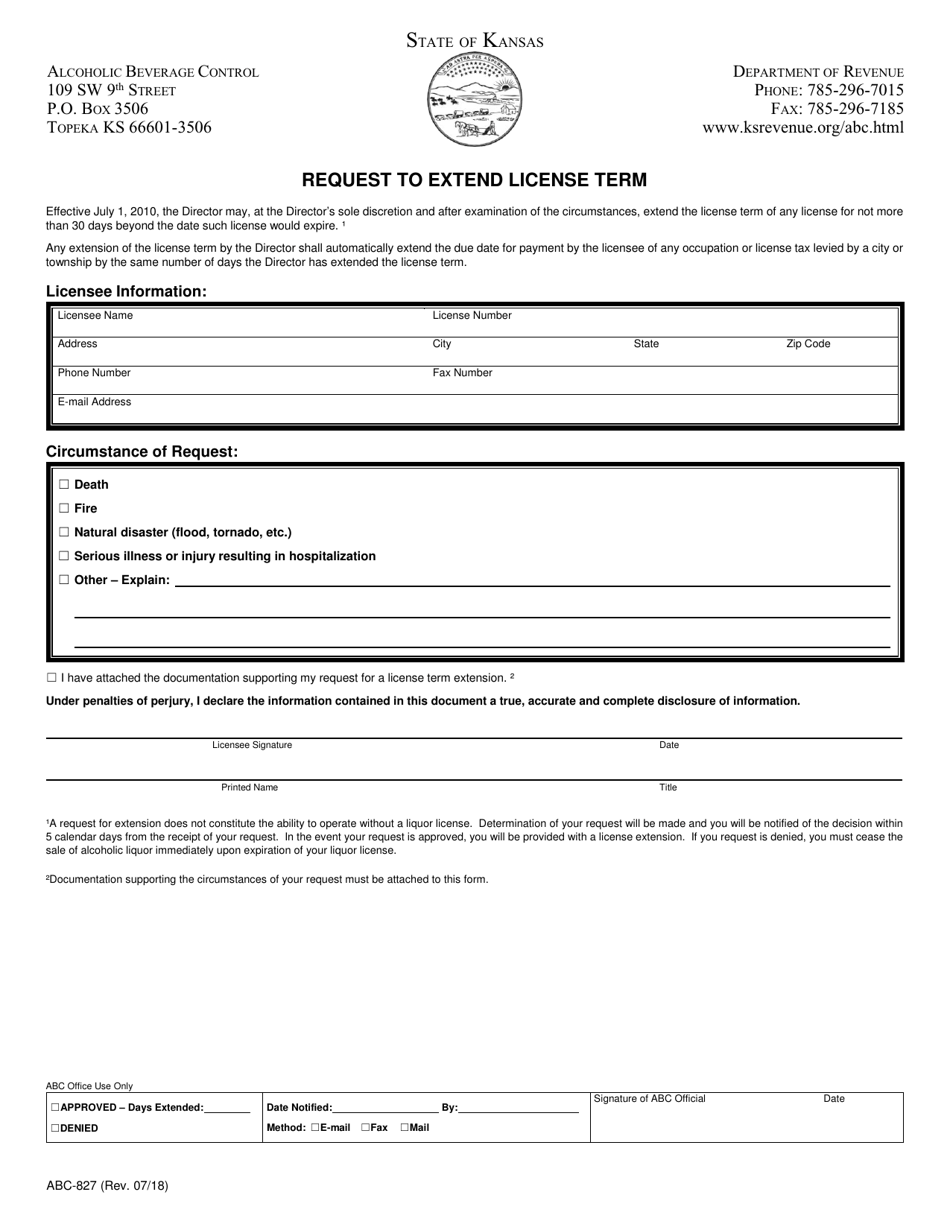 Form ABC-827 - Fill Out, Sign Online and Download Fillable PDF, Kansas ...
