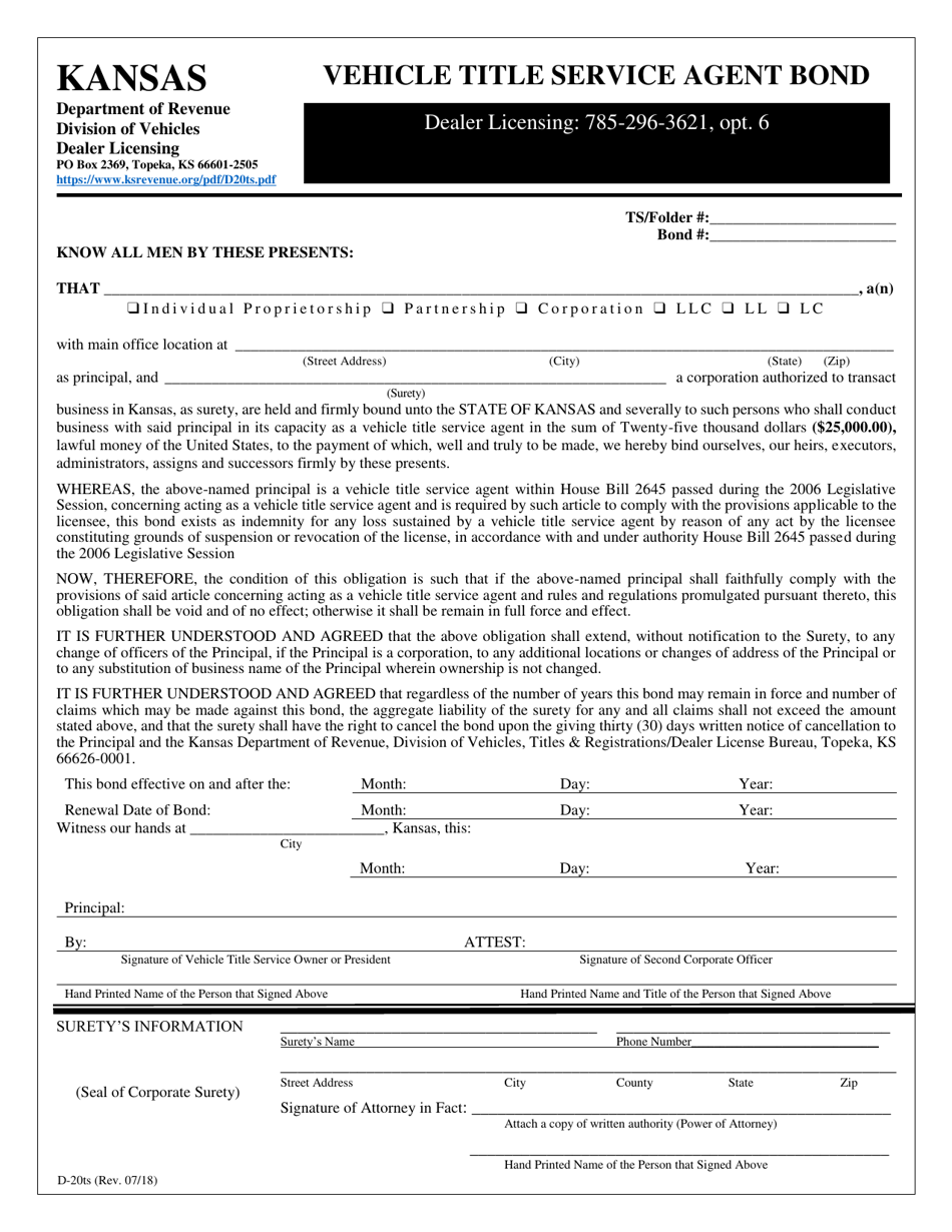 Form D-20TS - Fill Out, Sign Online and Download Fillable PDF, Kansas ...