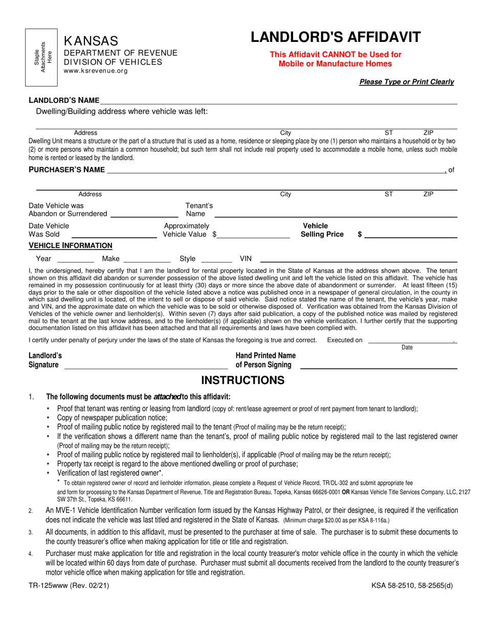 Form TR-125 - Fill Out, Sign Online and Download Fillable PDF, Kansas ...