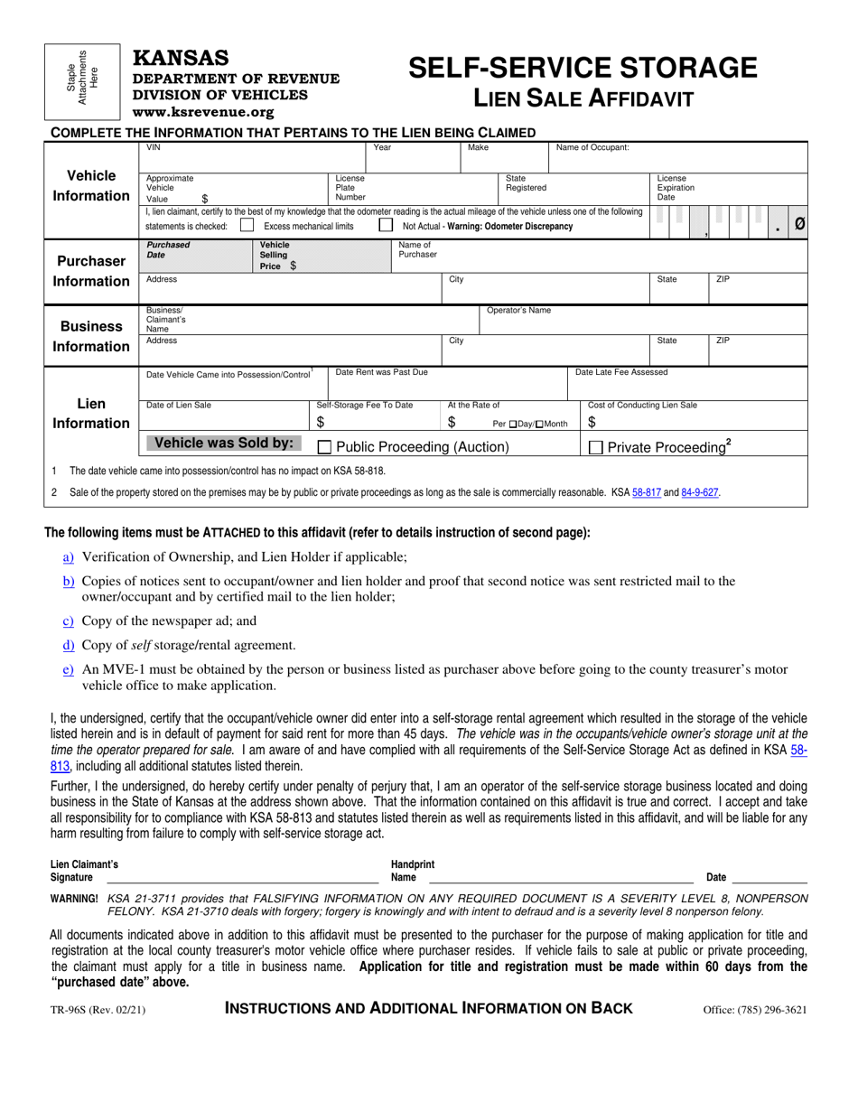 Form TR-96S - Fill Out, Sign Online and Download Printable PDF, Kansas ...