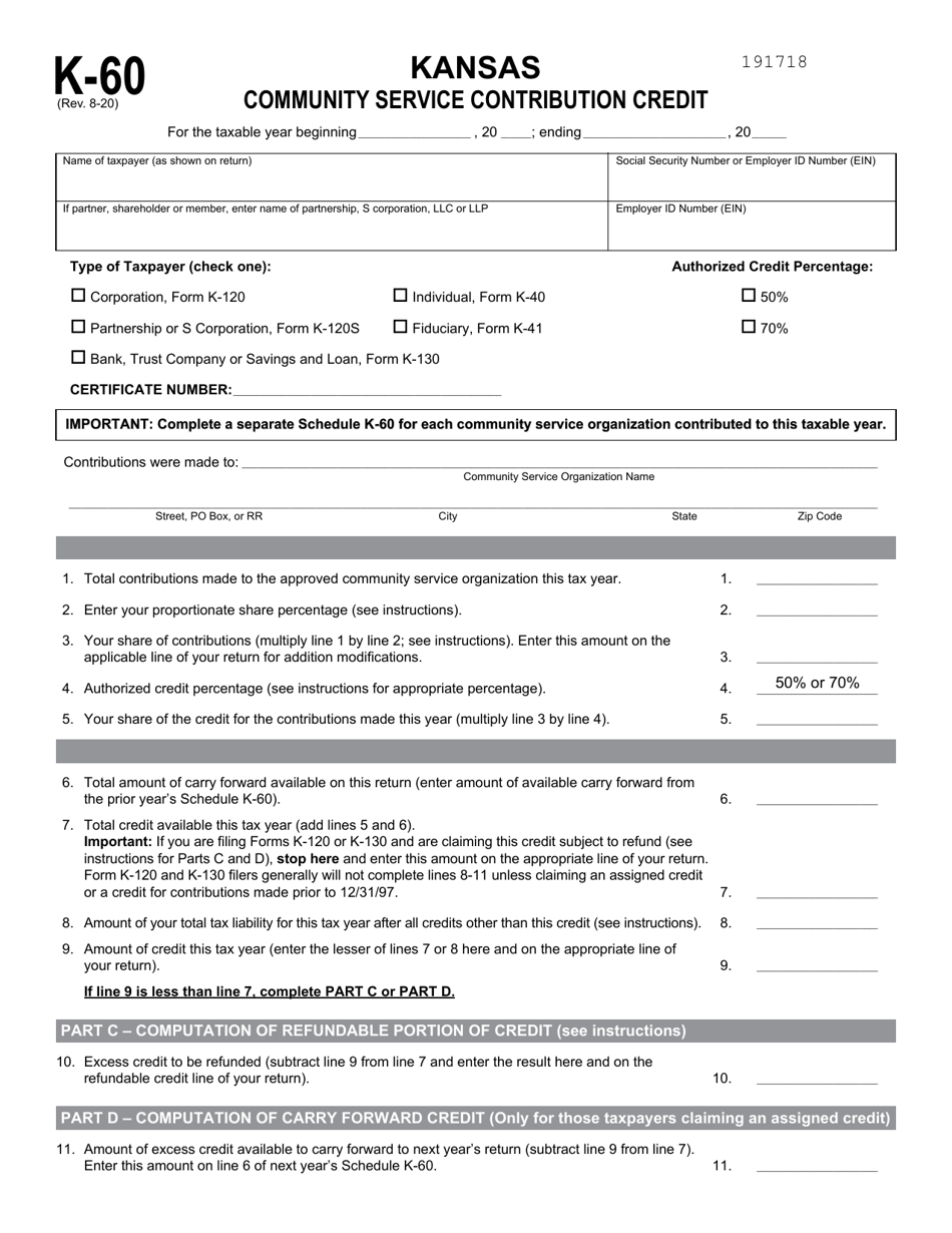 Schedule K-60 Download Fillable PDF or Fill Online Kansas Community ...