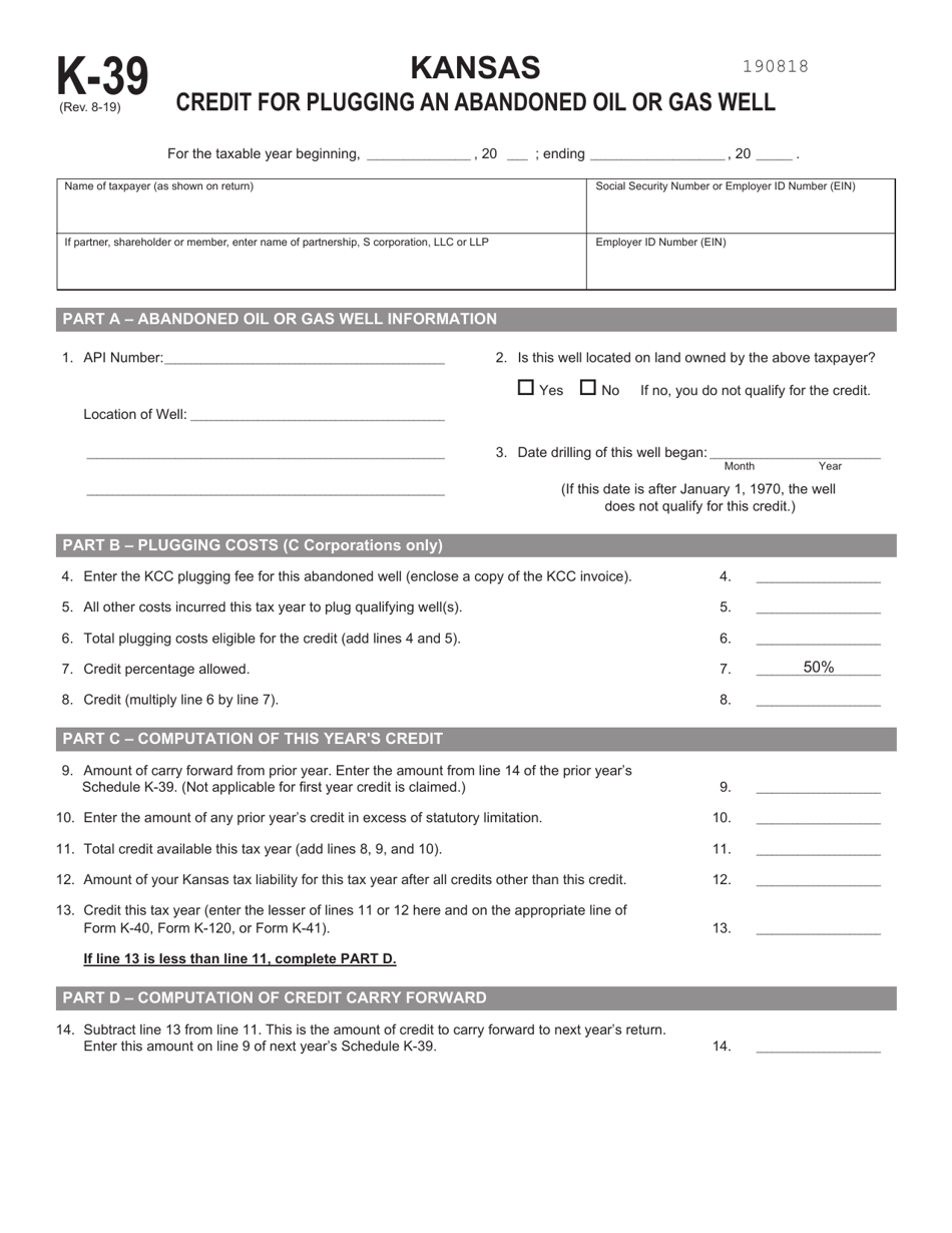 Schedule K-39 Download Fillable PDF or Fill Online Kansas Credit for ...