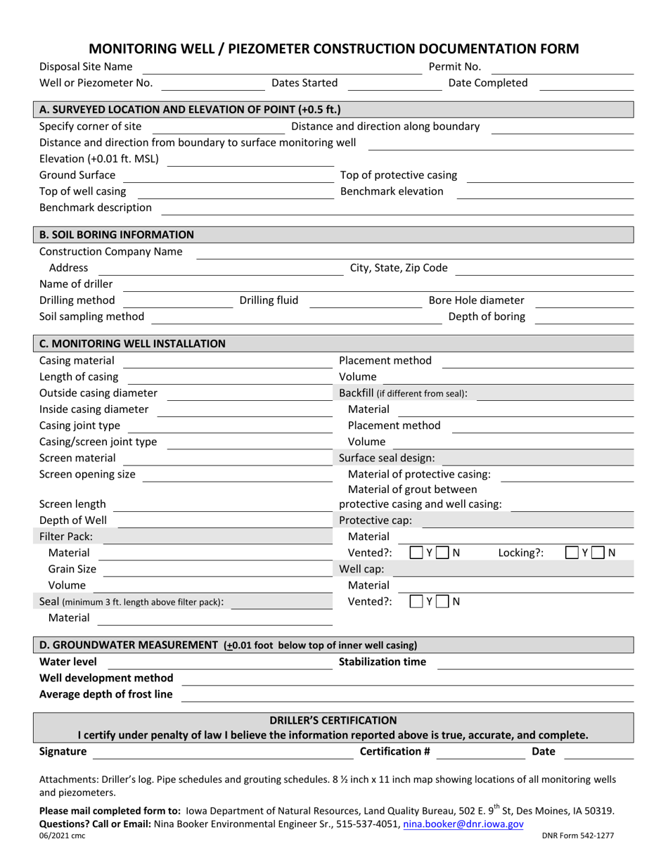 Dnr Form 542-1277 Download Fillable Pdf Or Fill Online Monitoring Well ...
