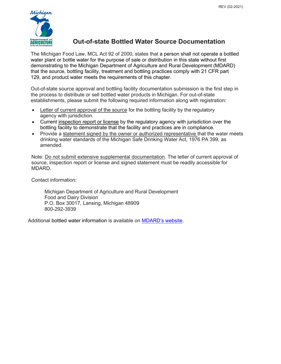 Michigan Out-of-State Bottled Water Source Documentation - Fill Out ...