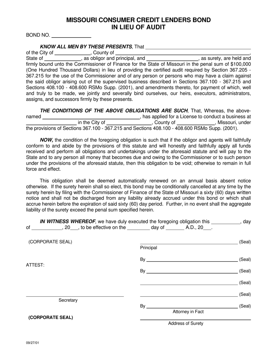 Missouri Missouri Consumer Credit Lenders Bond in Lieu of Audit - Fill ...