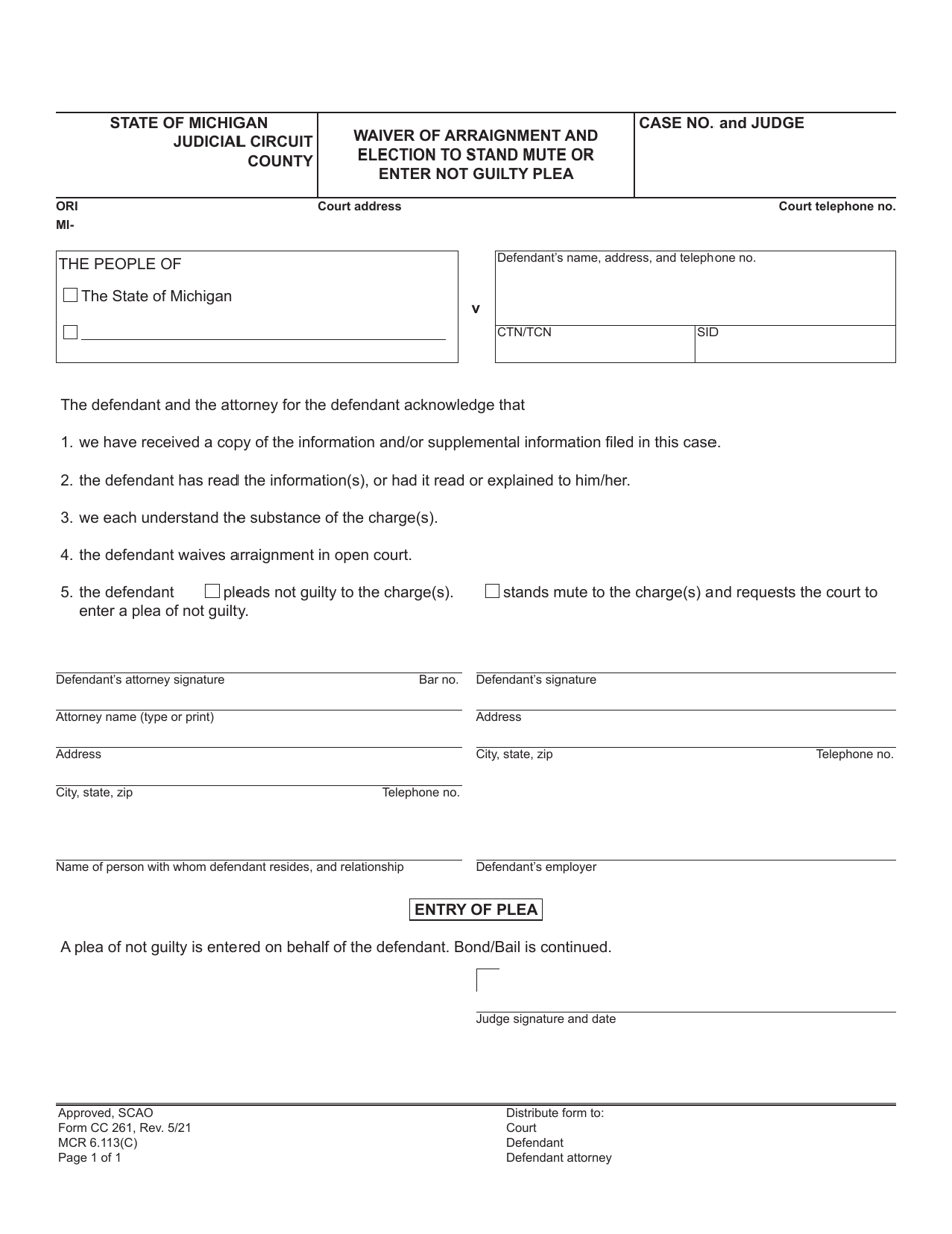 Form CC261 Download Fillable PDF or Fill Online Waiver of Arraignment ...