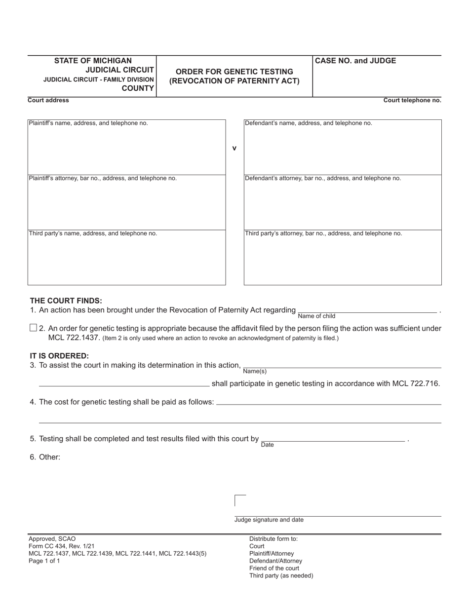 Form CC434 Download Fillable PDF or Fill Online Order for Genetic ...