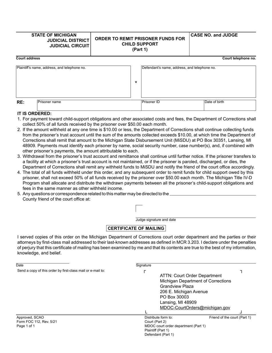 Form FOC112 - Fill Out, Sign Online and Download Fillable PDF, Michigan ...