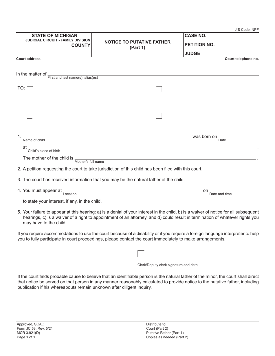 Form JC53 Download Fillable PDF or Fill Online Notice to Putative ...