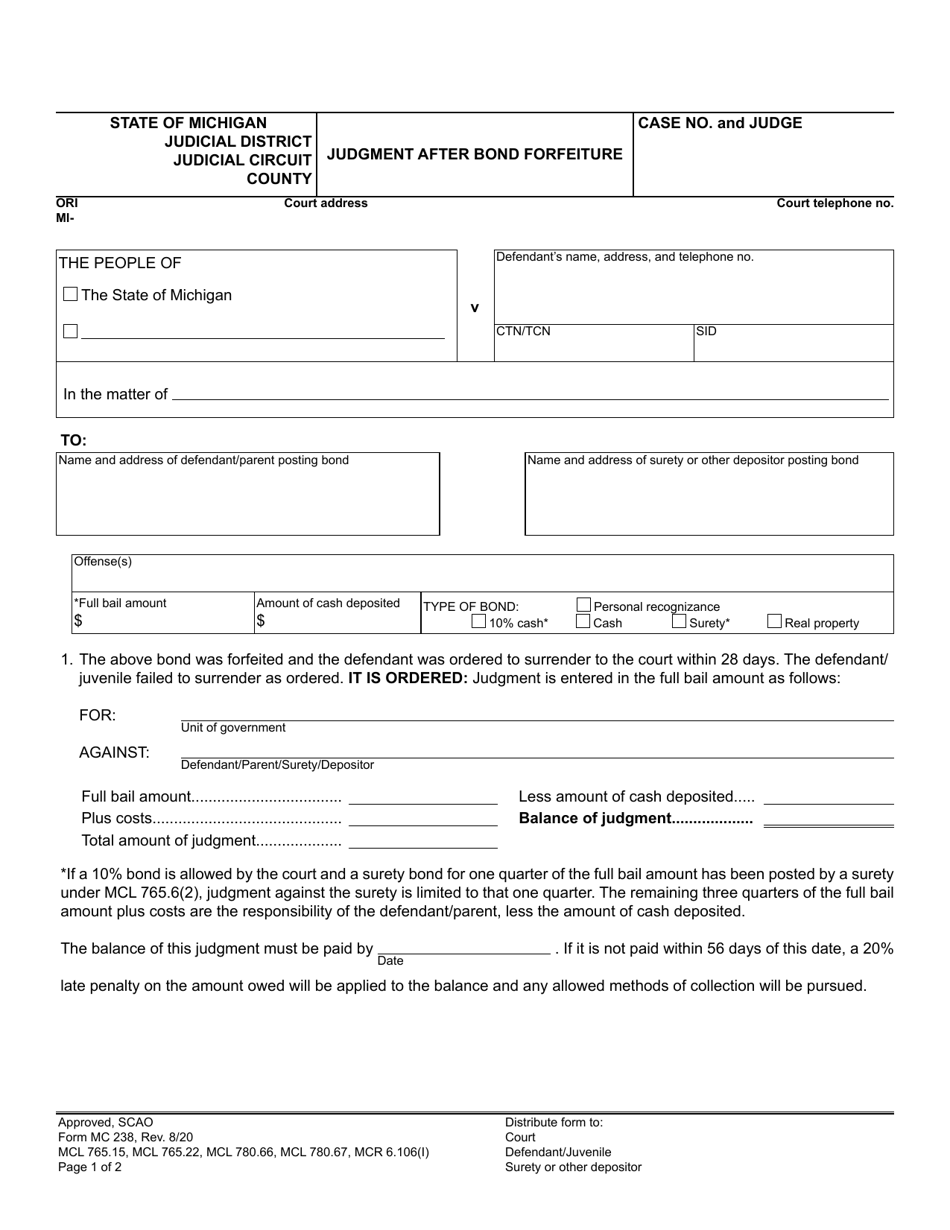 Form MC238 Download Fillable PDF or Fill Online Judgment After Bond ...