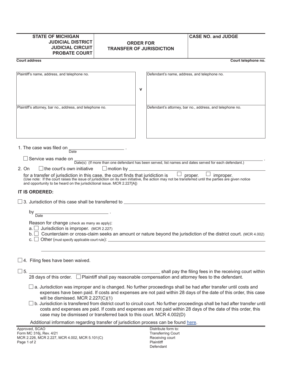 Form MC316J - Fill Out, Sign Online and Download Fillable PDF, Michigan | Templateroller