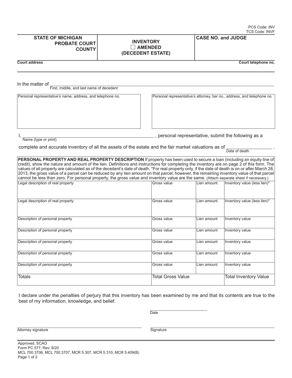 Form PC577 Download Fillable PDF or Fill Online Inventory (Decedent ... Form PC577 Download Fillable PDF or Fill Online Inventory (Decedent ...