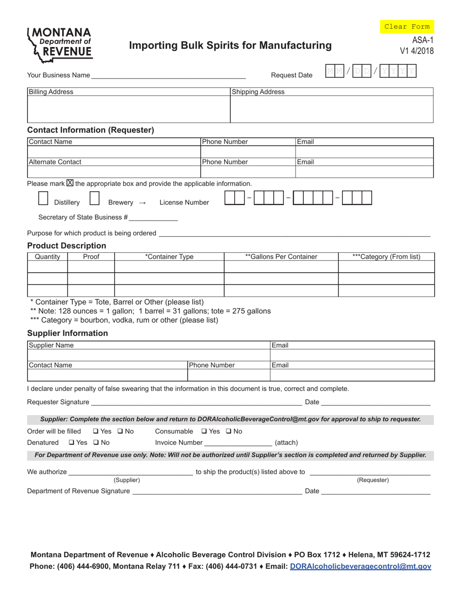 Form ASA-1 - Fill Out, Sign Online and Download Fillable PDF, Montana ...