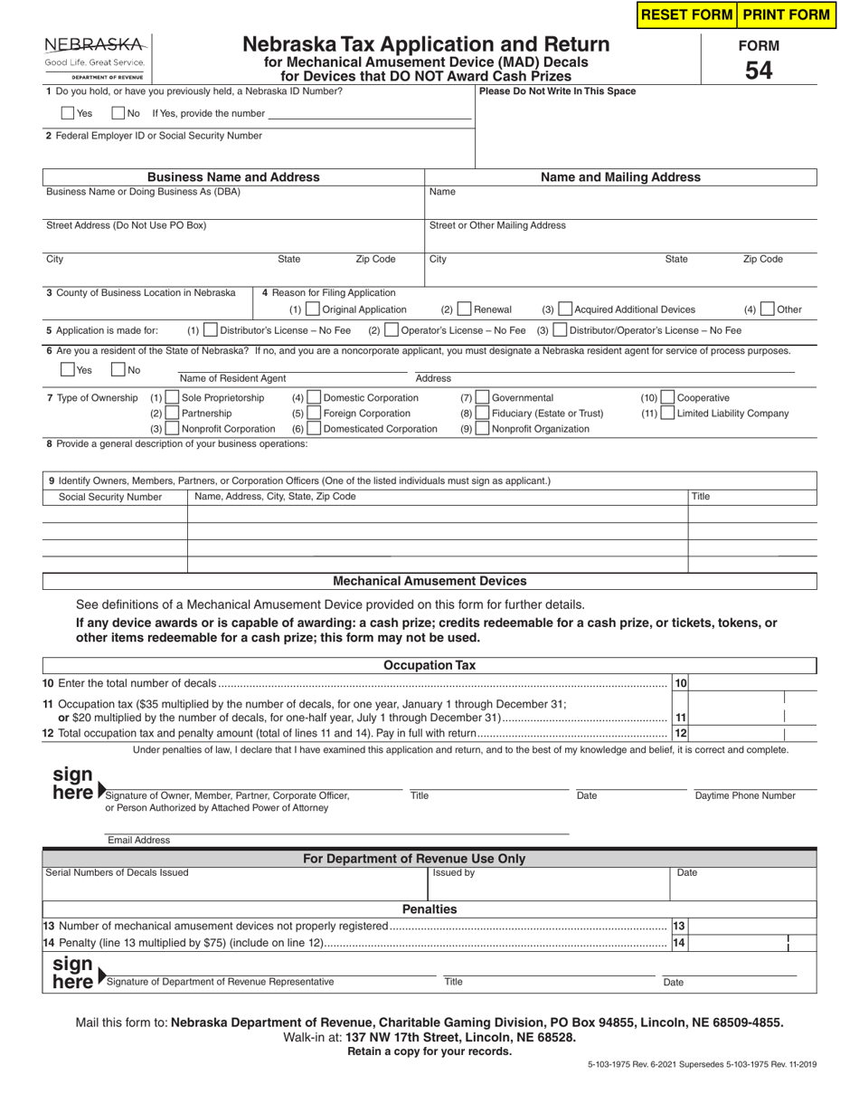 Form 54 Download Fillable PDF or Fill Online Nebraska Tax Application and Return for Mechanical ...