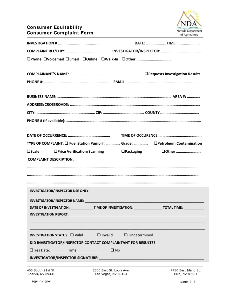 Nevada Consumer Equitability Consumer Complaint Form - Fill Out, Sign ...