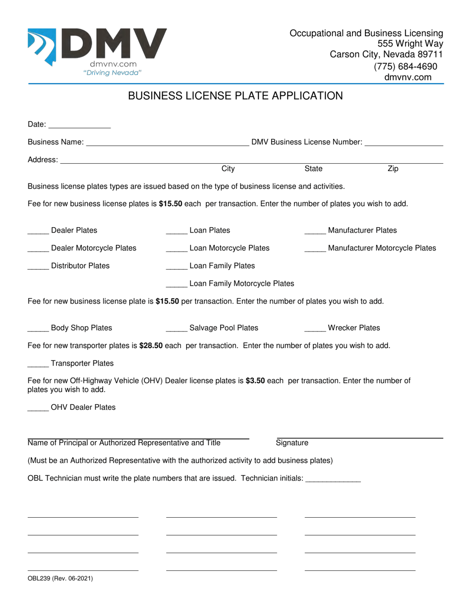 Form OBL239 Download Fillable PDF or Fill Online Business License Plate ...