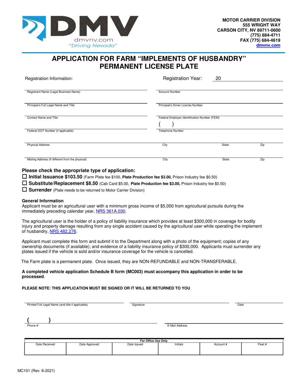 Form MC101 Download Fillable PDF or Fill Online Application for Farm ...
