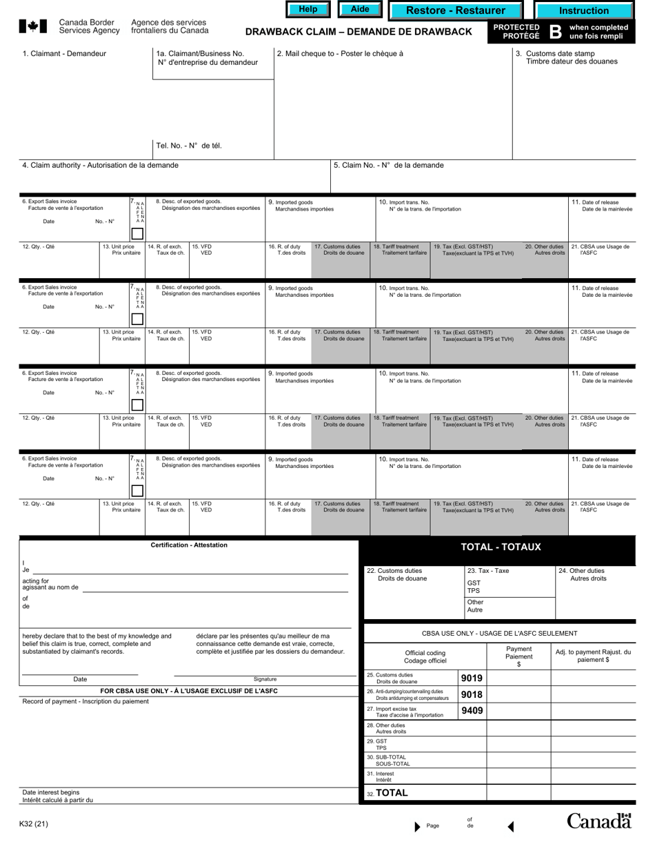 Form K32 Download Fillable PDF or Fill Online Drawback Claim, Canada ...