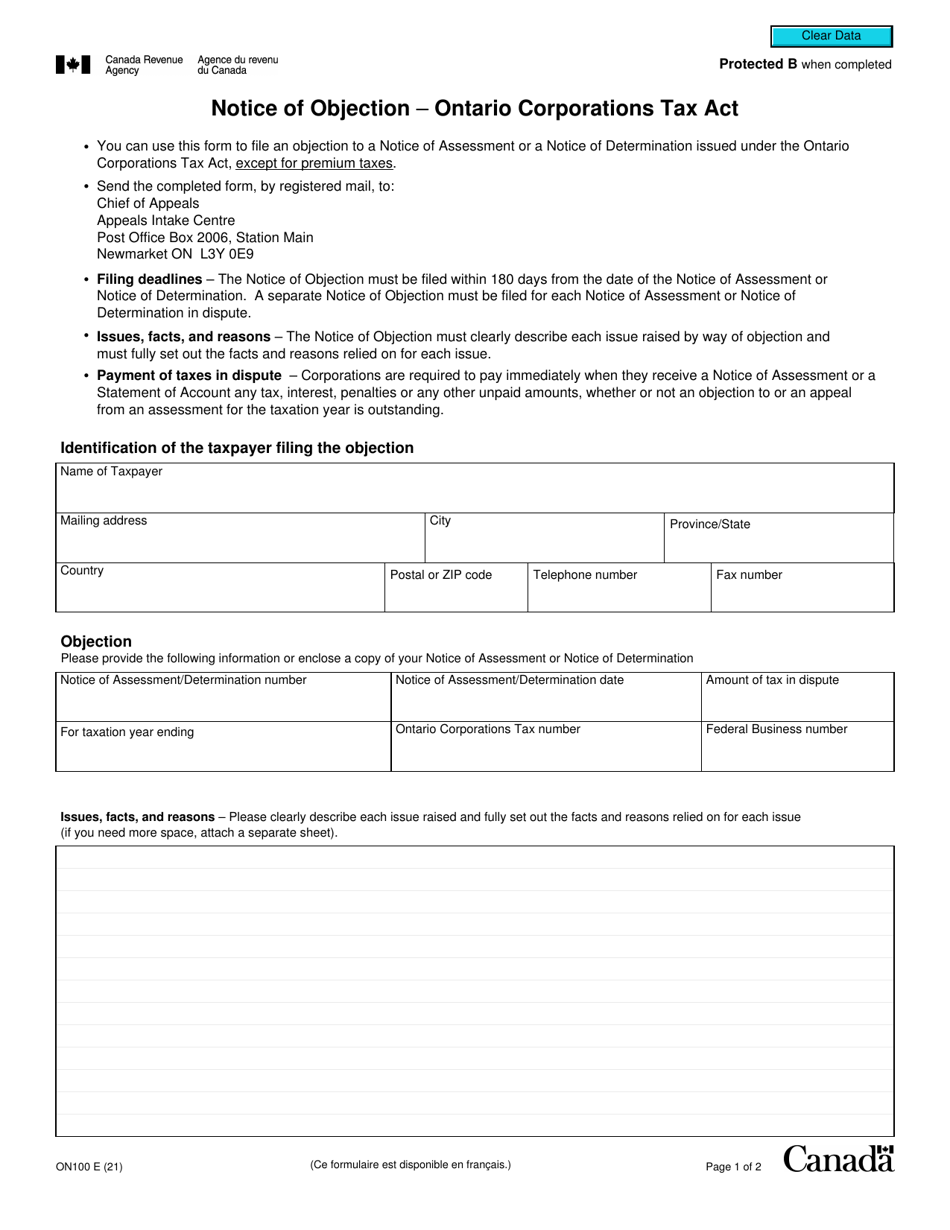Form ON100 Download Fillable PDF or Fill Online Notice of Objection ...