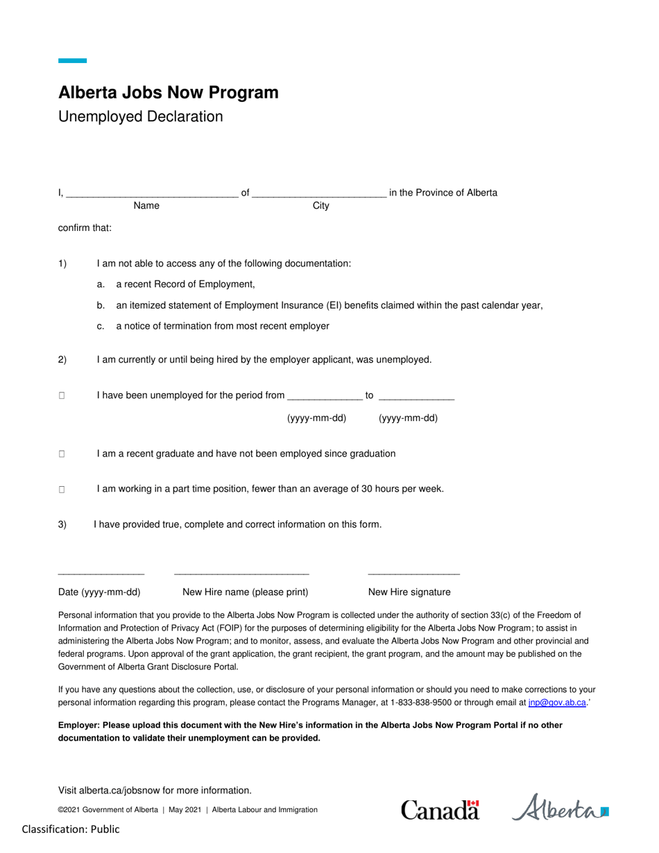 Alberta Canada Unemployed Declaration - Alberta Jobs Now Program - Fill ...