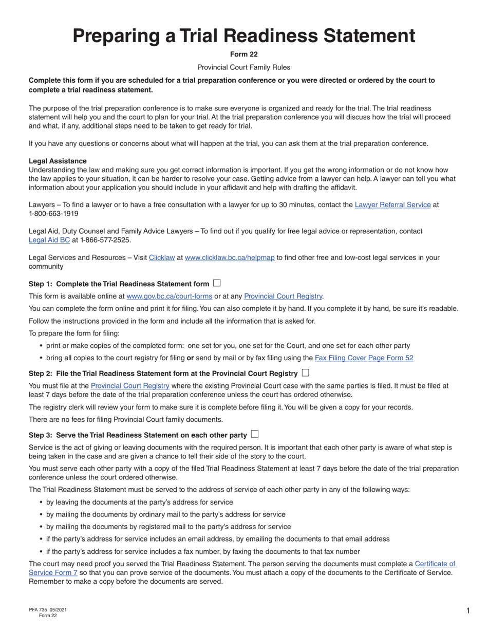 Form 22 (PFA735) - Fill Out, Sign Online and Download Fillable PDF ...