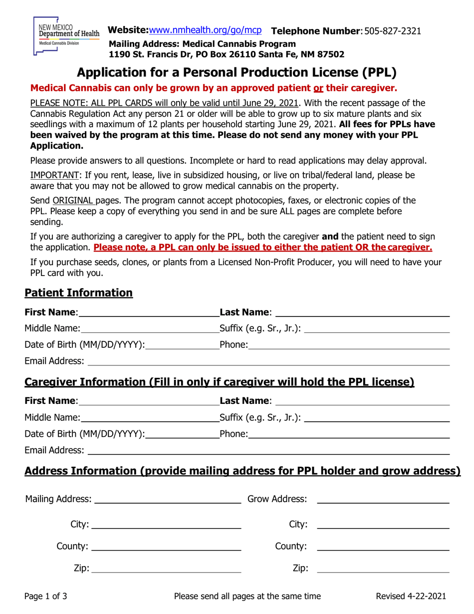 New Mexico Application for a Personal Production License (Ppl) Download ...
