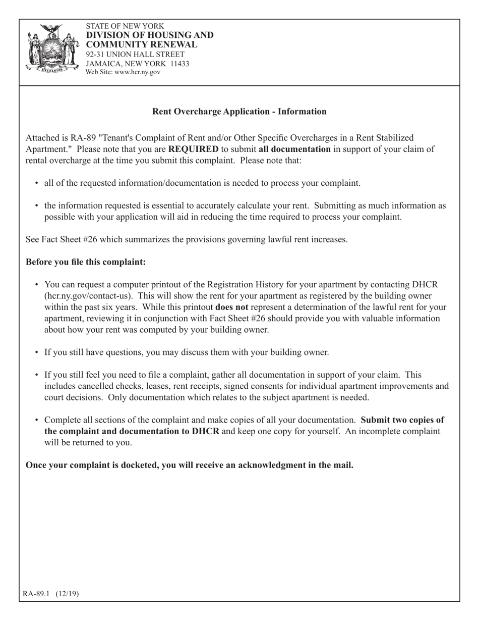 Form RA-89 - Fill Out, Sign Online and Download Fillable PDF, New York ...