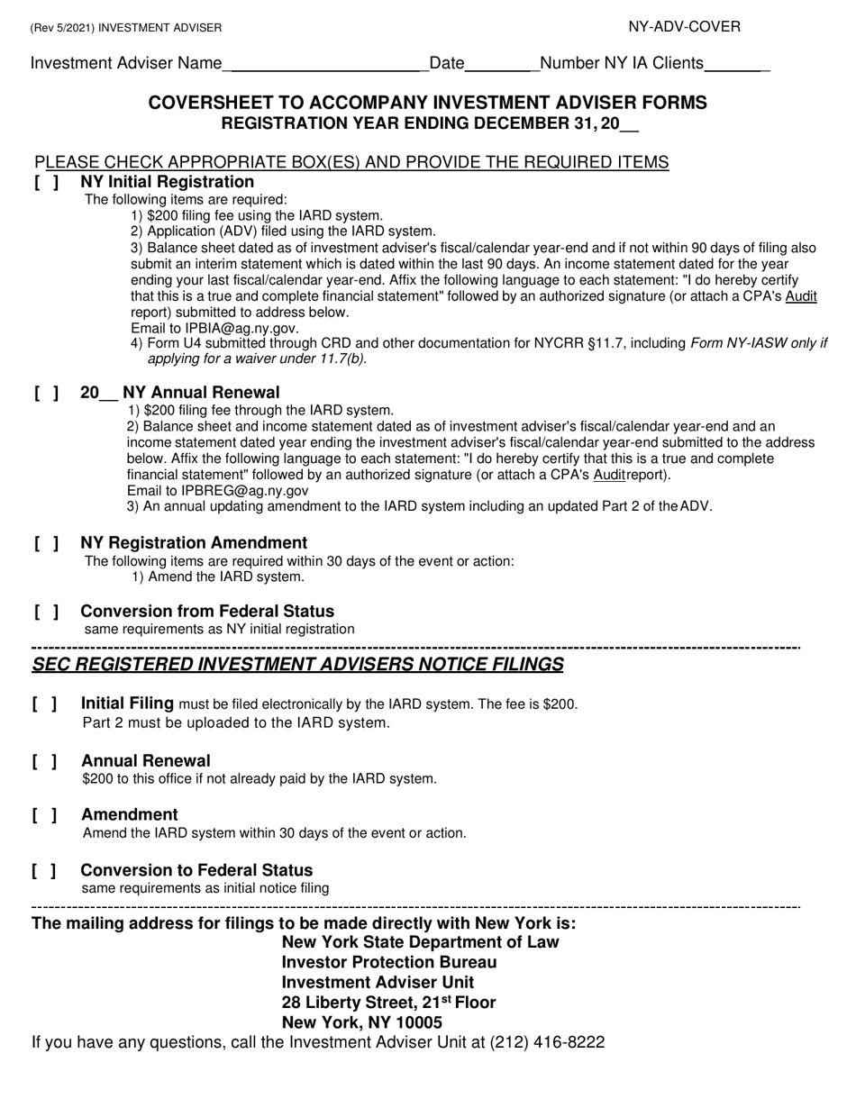 New York Coversheet to Accompany Investment Advisor Forms Download ...