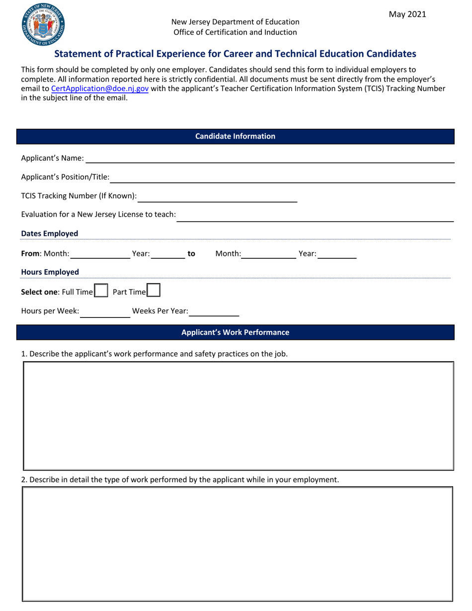 New Jersey Statement of Practical Experience for Career and Technical ...