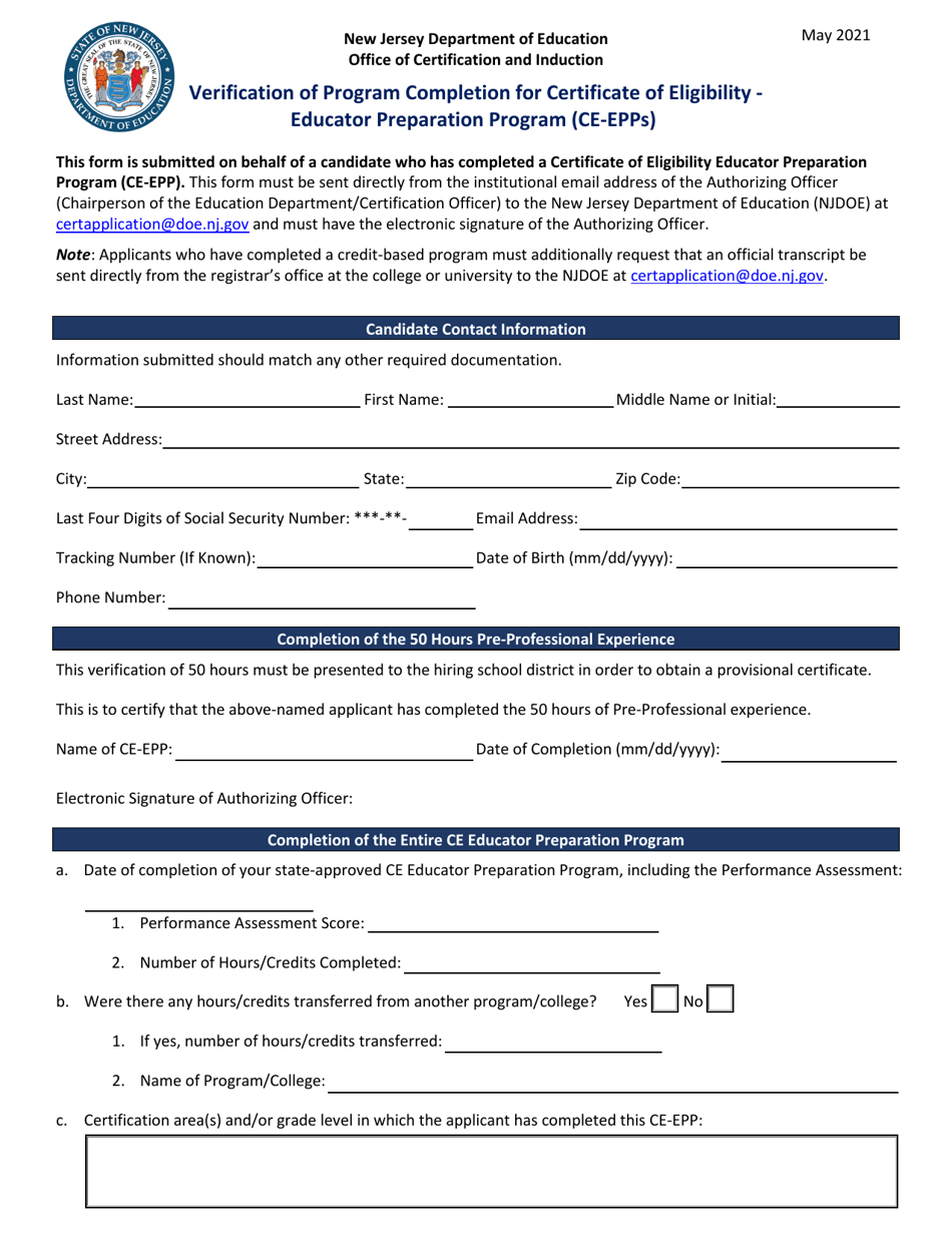 New Jersey Verification of Program Completion for Certificate of ...