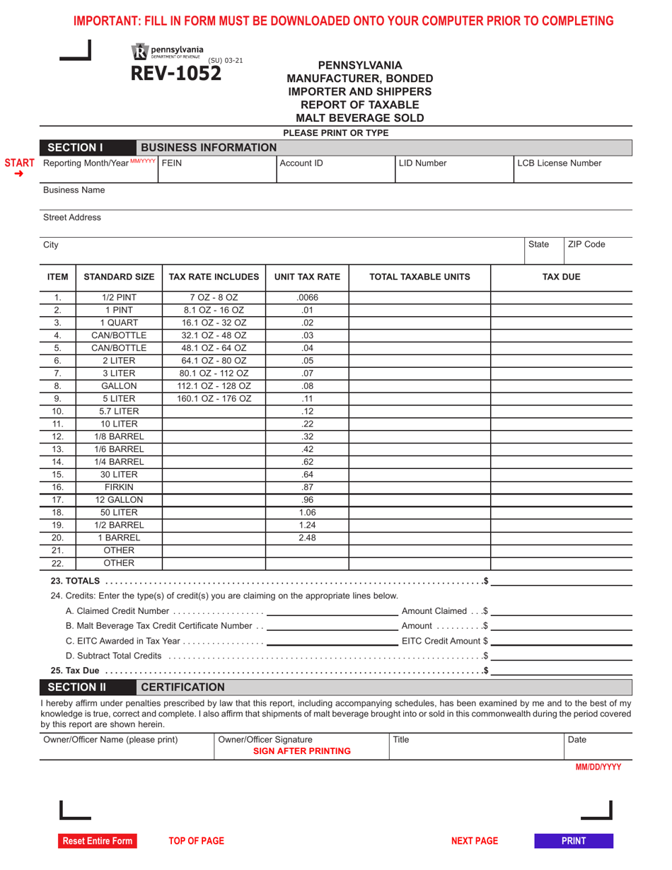 Form REV-1052 Download Fillable PDF or Fill Online Pennsylvania ...
