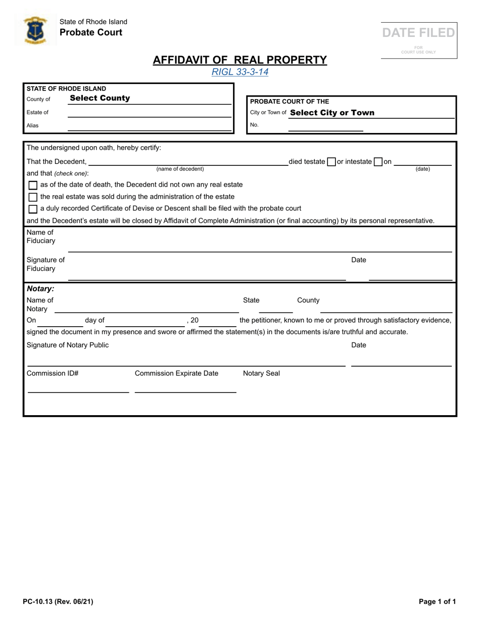 Form PC-10.13 Download Fillable PDF or Fill Online Affidavit of Real Property, Rhode Island ...