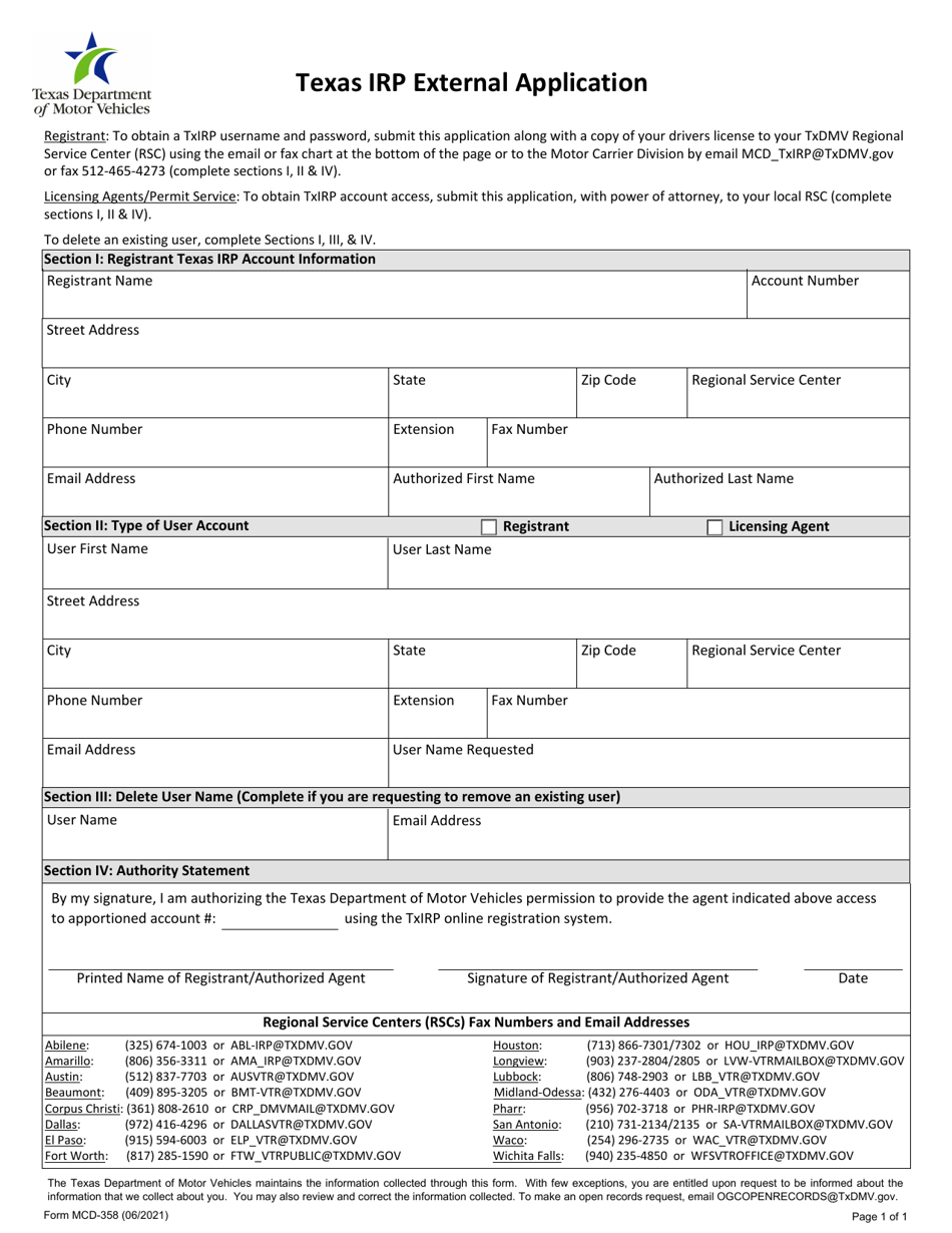 Form MCD-358 Download Fillable PDF or Fill Online Texas Irp External ...