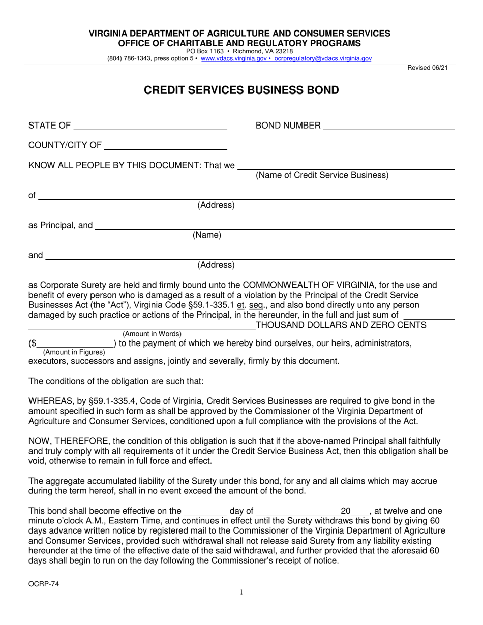 Form OCRP-74 Download Fillable PDF or Fill Online Credit Services ...