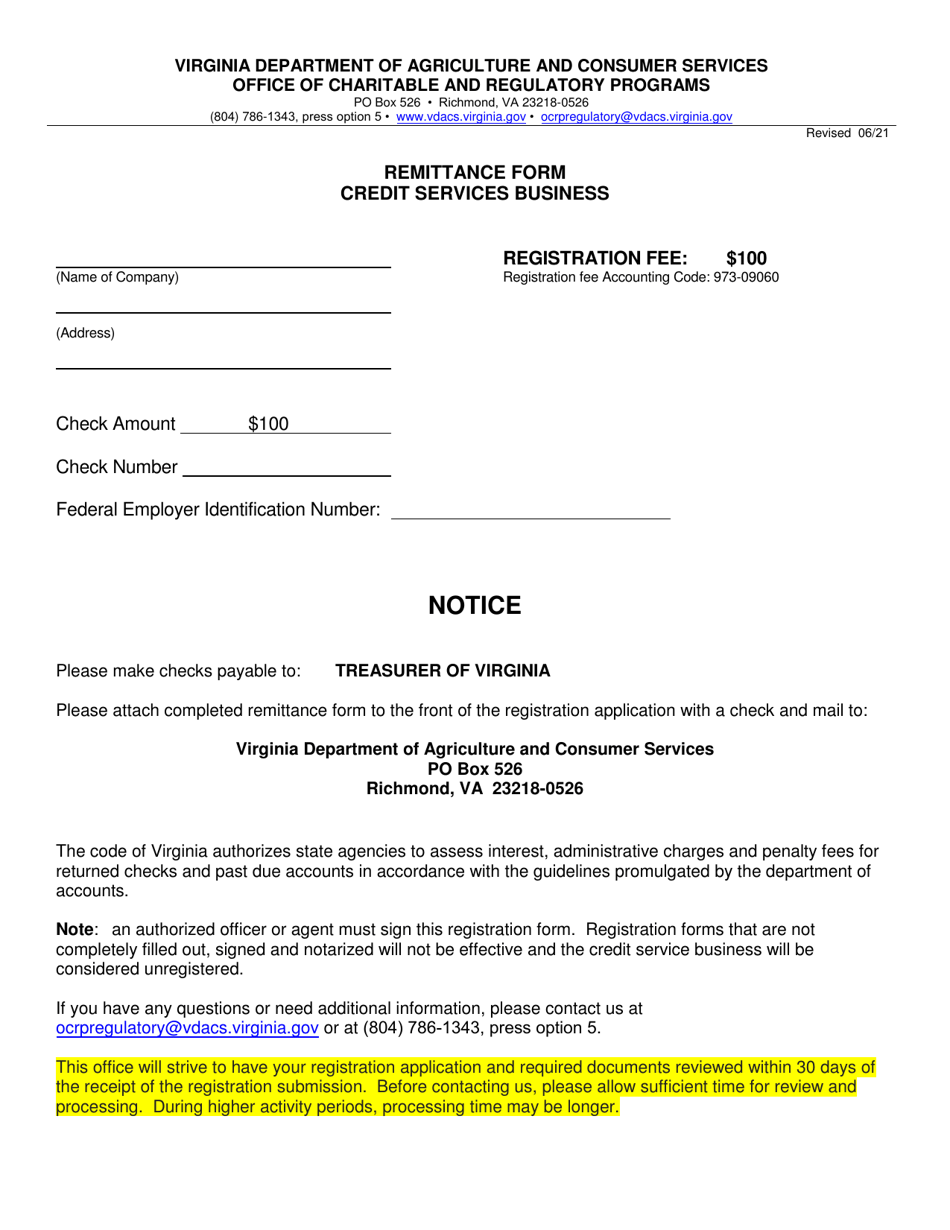 Virginia Credit Services Business Registration Form - Fill Out, Sign ...