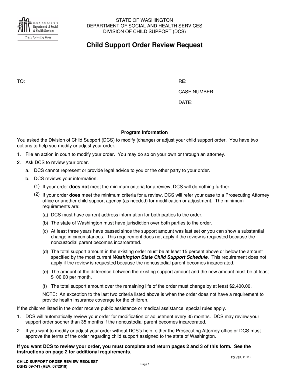 DSHS Form 09-741 Download Printable PDF or Fill Online Child Support ...