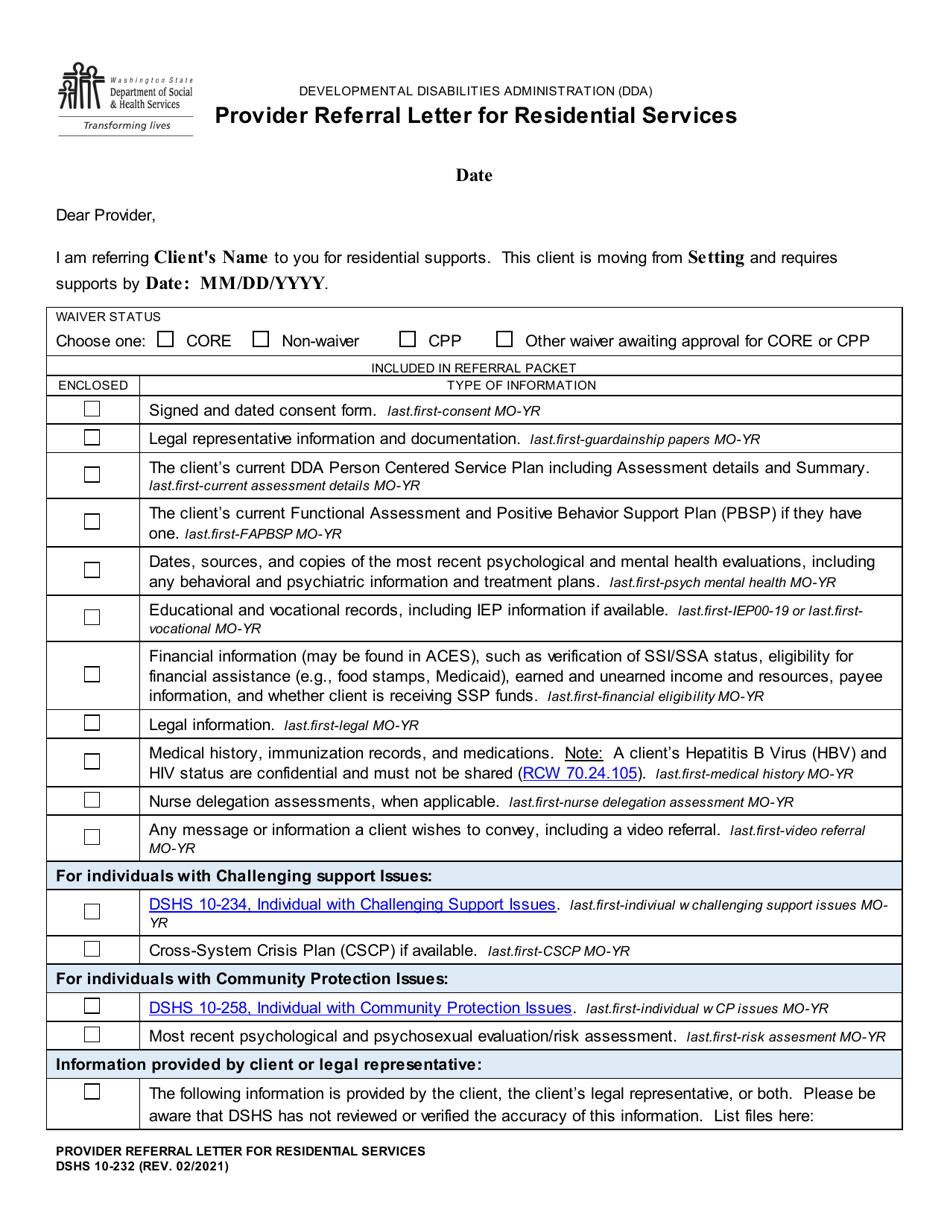 DSHS Form 10-232 Download Printable PDF or Fill Online Provider ...