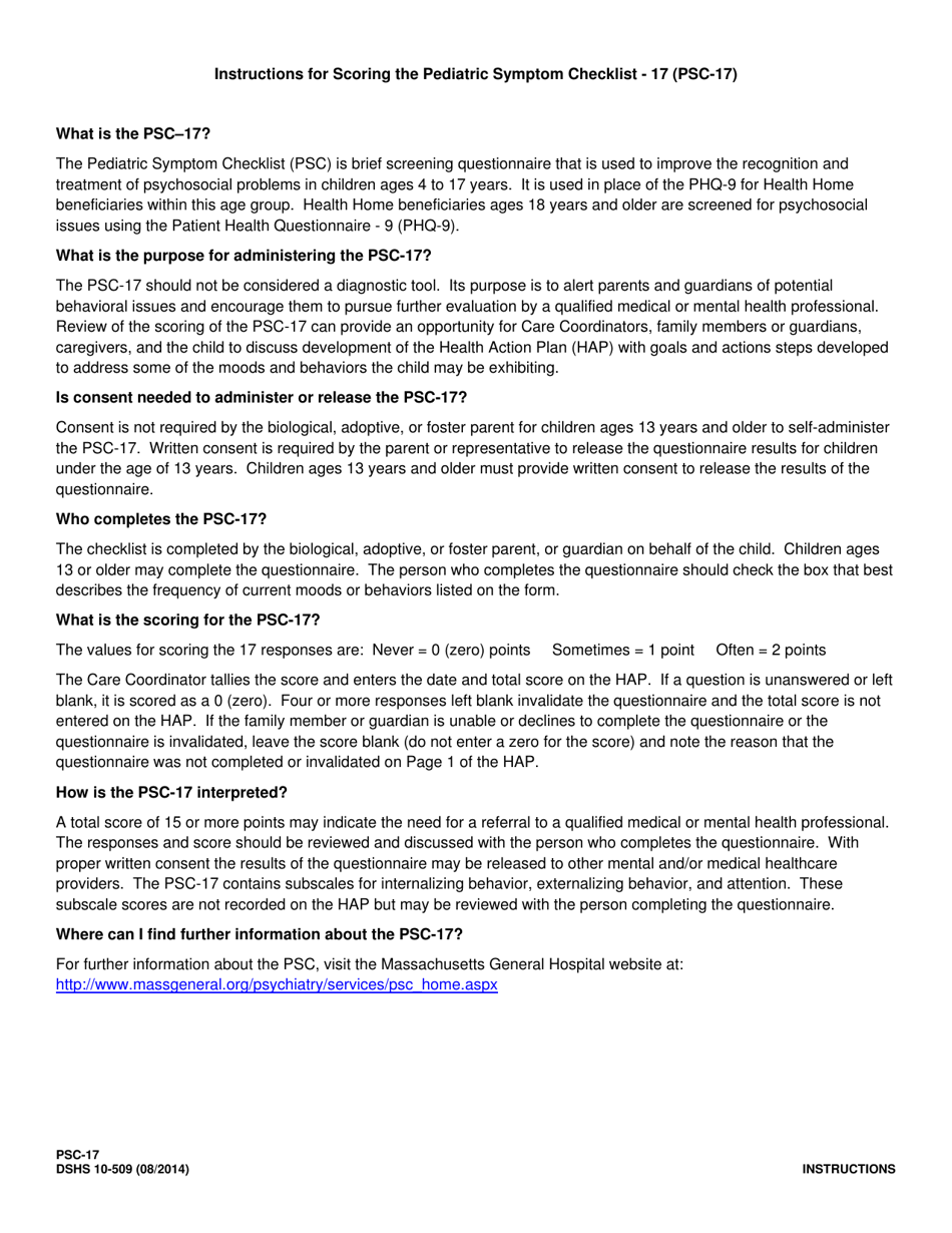 Download Instructions for DSHS Form 10-509 Pediatric Symptom Checklist ...