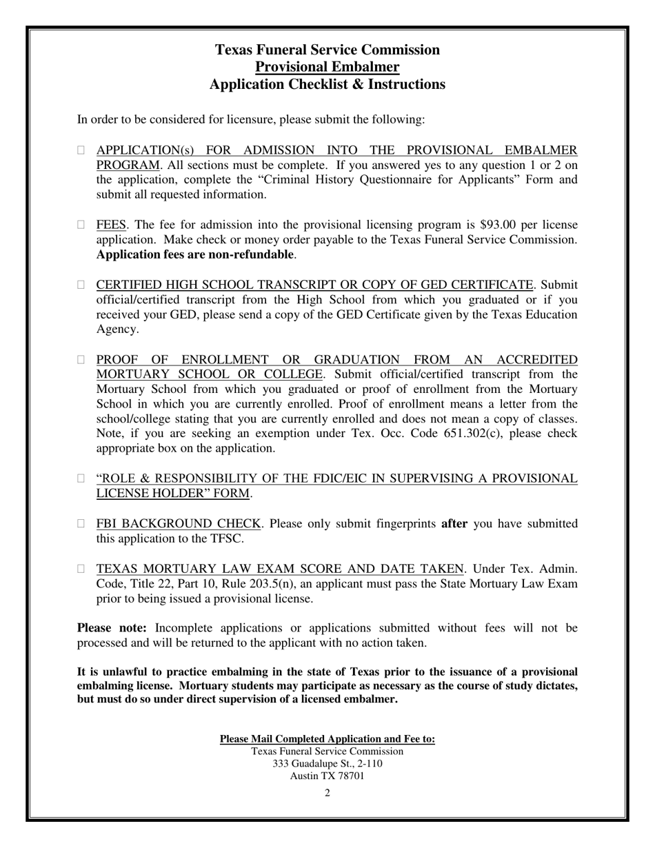 Texas Provisional Embalmer Application - Fill Out, Sign Online and Download PDF | Templateroller