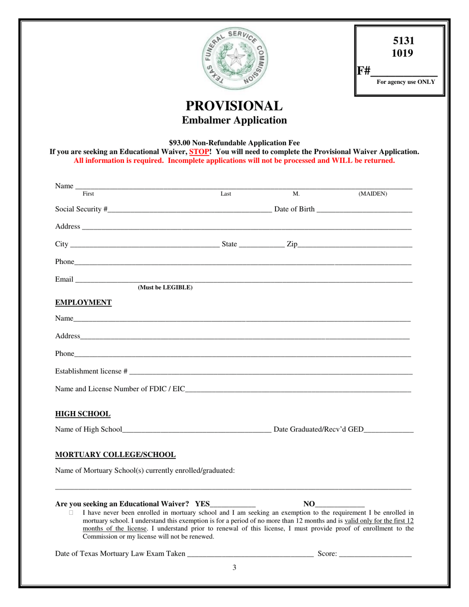 Texas Provisional Embalmer Application - Fill Out, Sign Online and Download PDF | Templateroller