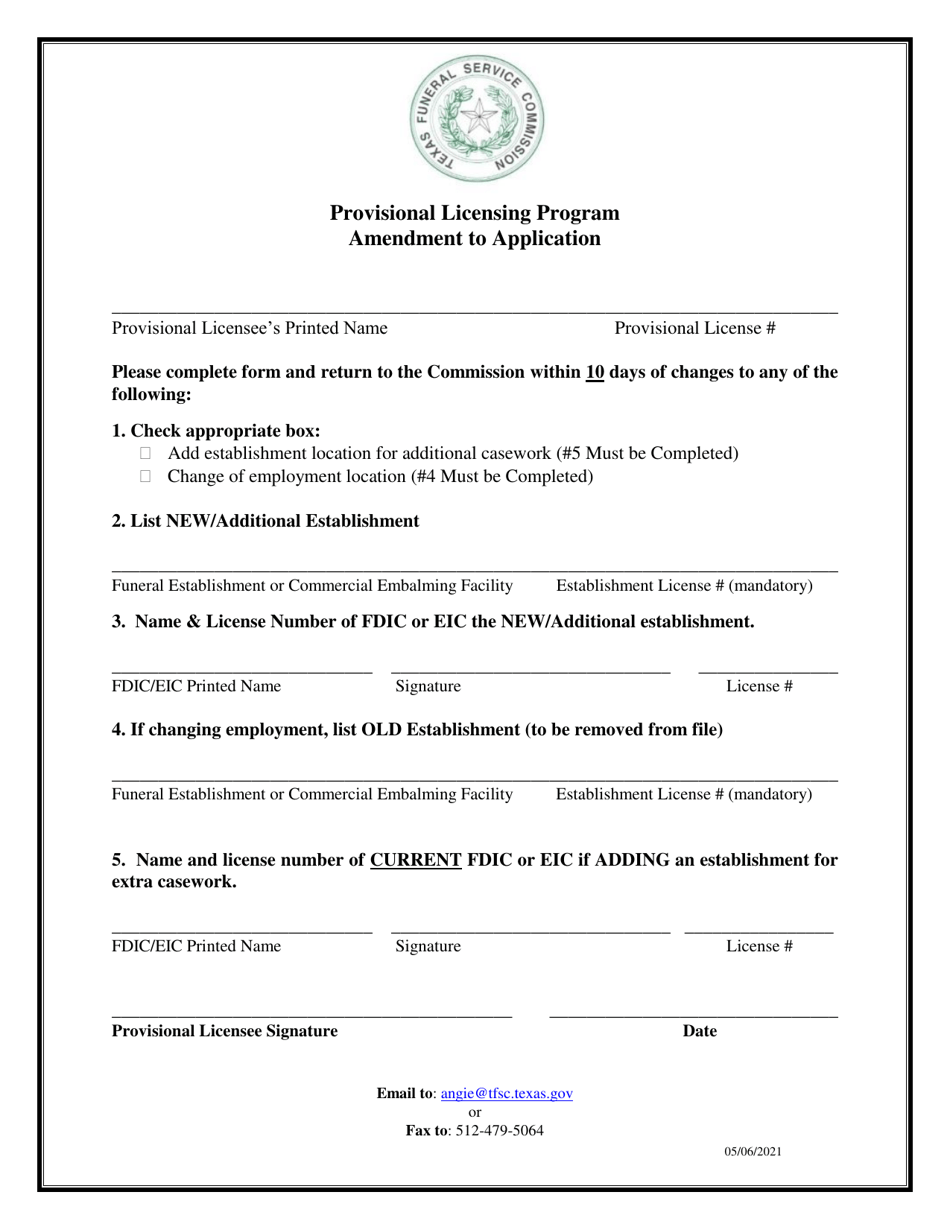 Texas Provisional Licensing Program Amendment to Application - Fill Out ...