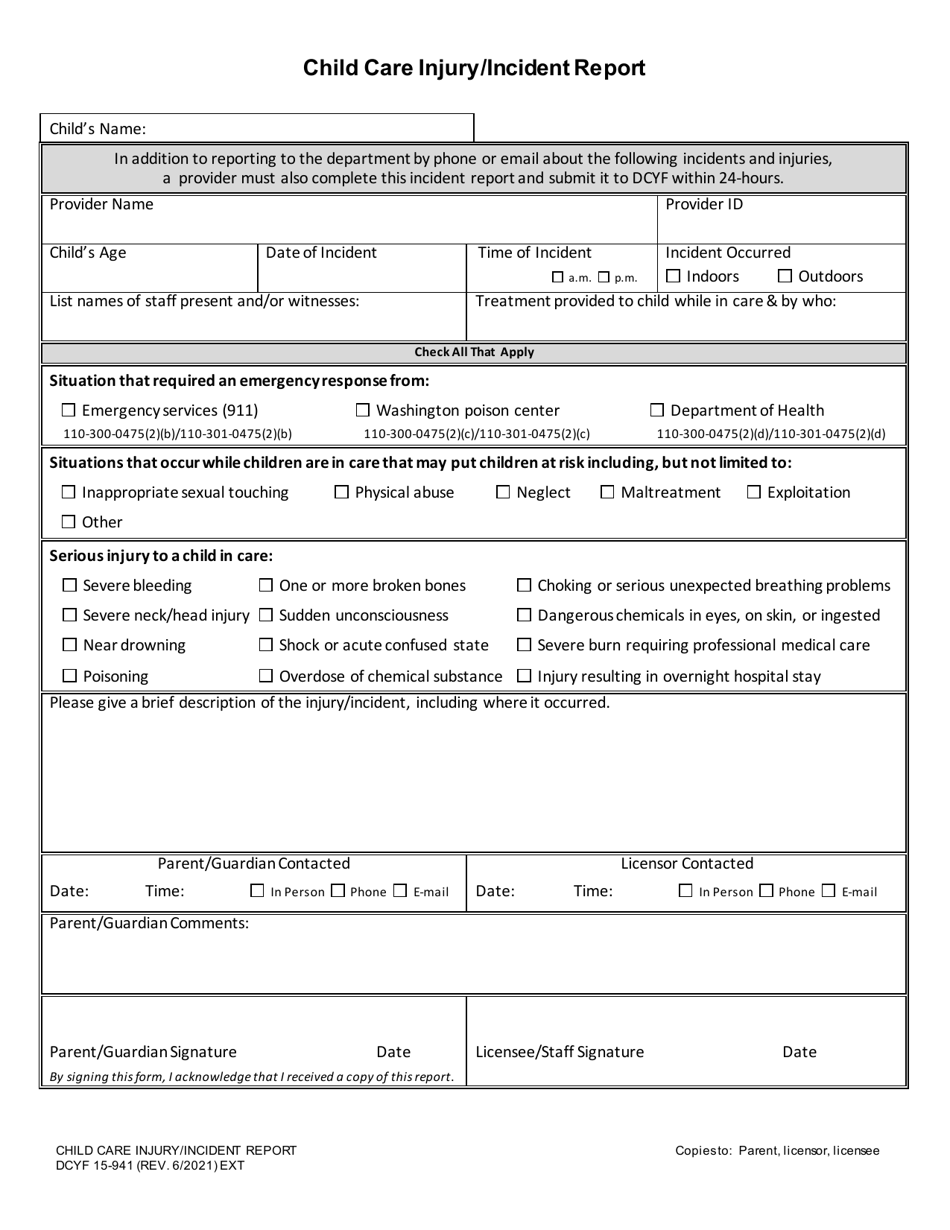 DCYF Form 15-941 Download Fillable PDF or Fill Online Child Care Injury ...