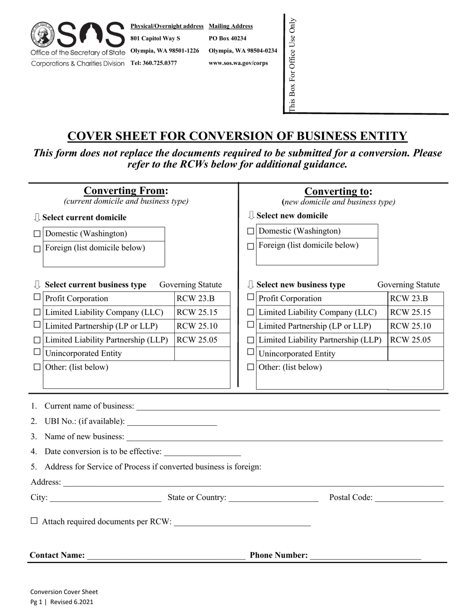 Washington Cover Sheet for Conversion of Business Entity Download ...