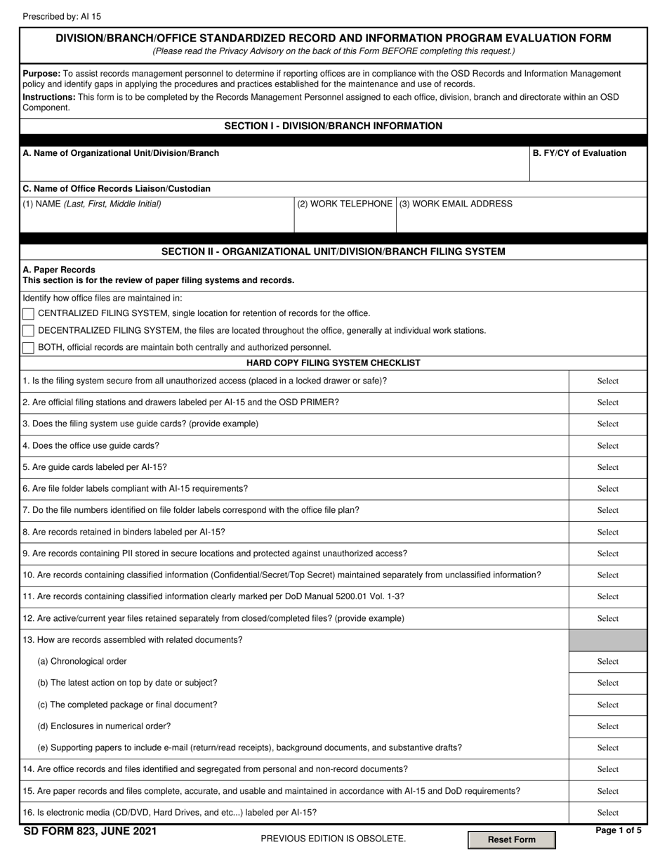 SD Form 823 Download Fillable PDF or Fill Online Division/Branch/Office ...