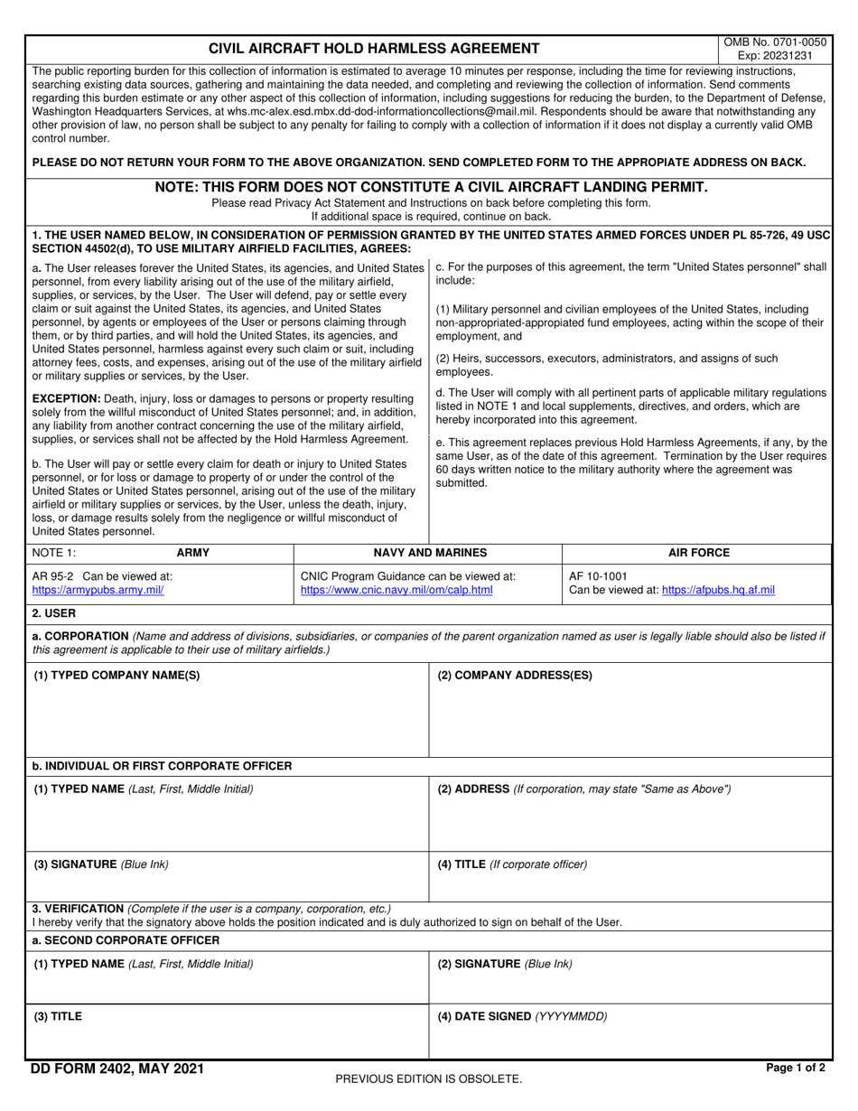 DD Form 2402 Download Fillable PDF or Fill Online Civil Aircraft Hold ...
