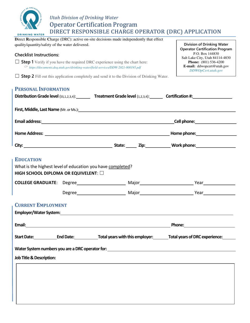 Utah Direct Responsible Charge Operator (Drc) Application - Fill Out, Sign Online and Download ...