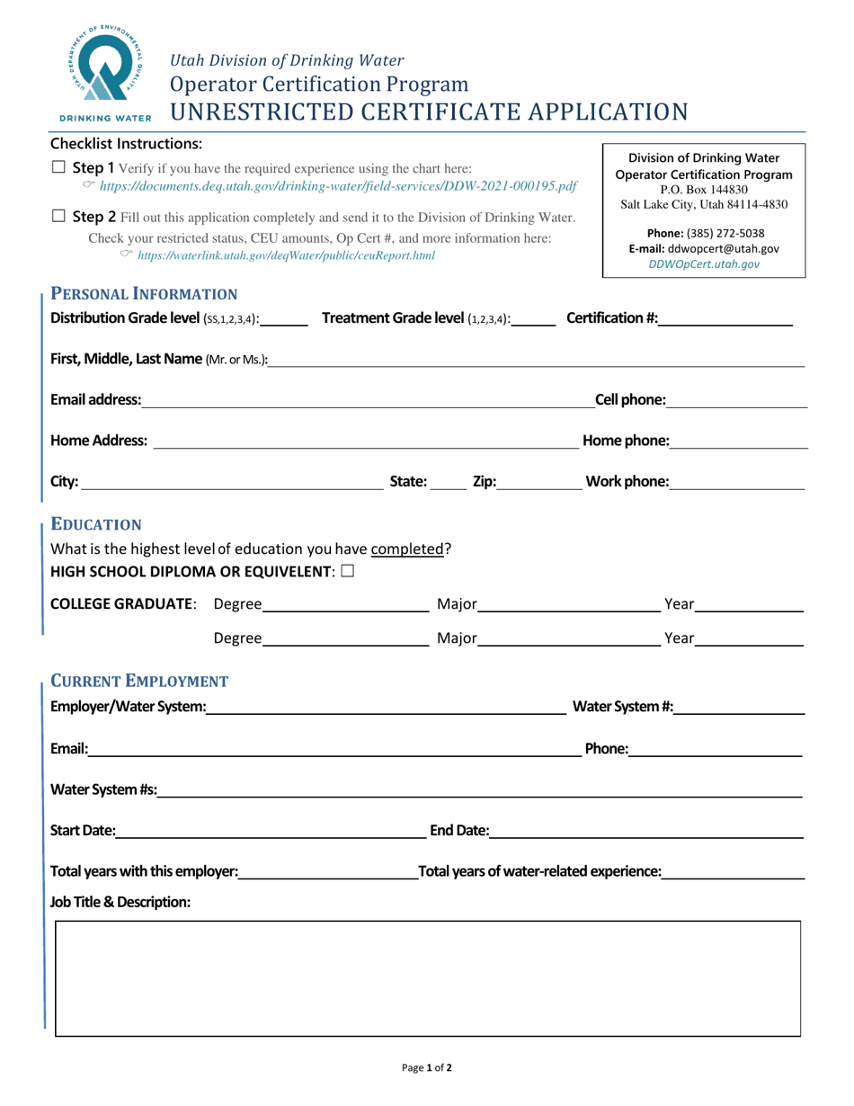 Utah Unrestricted Certificate Application - Fill Out, Sign Online and ...