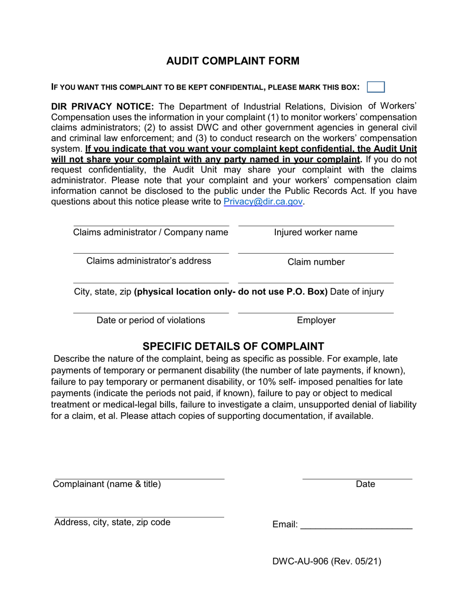Form DWC-AU-906 Download Fillable PDF or Fill Online Audit Complaint ...