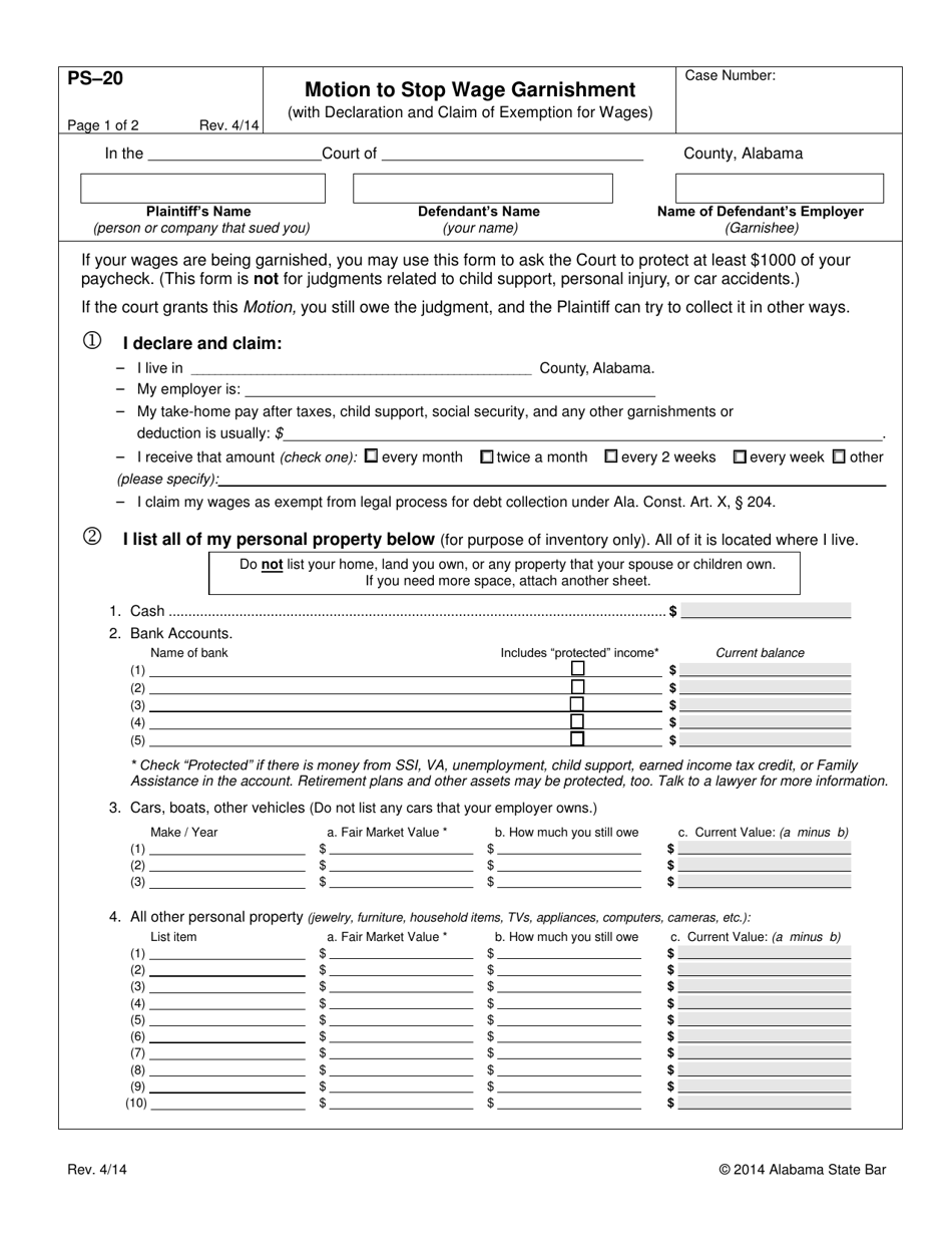 Form PS-20 - Fill Out, Sign Online and Download Fillable PDF, Alabama ...